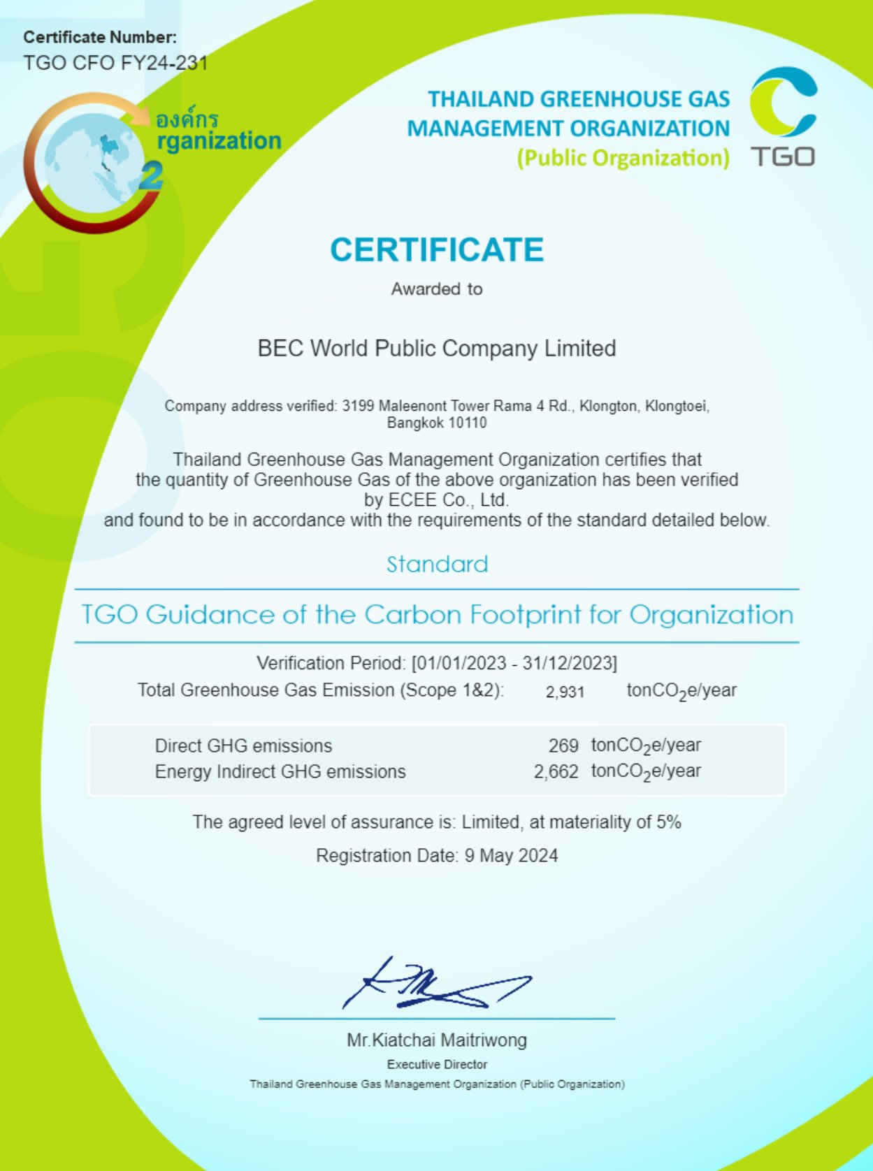 BEC Group received the certification “TGO Guidance of the Carbon Footprint for Organization 2024 ...